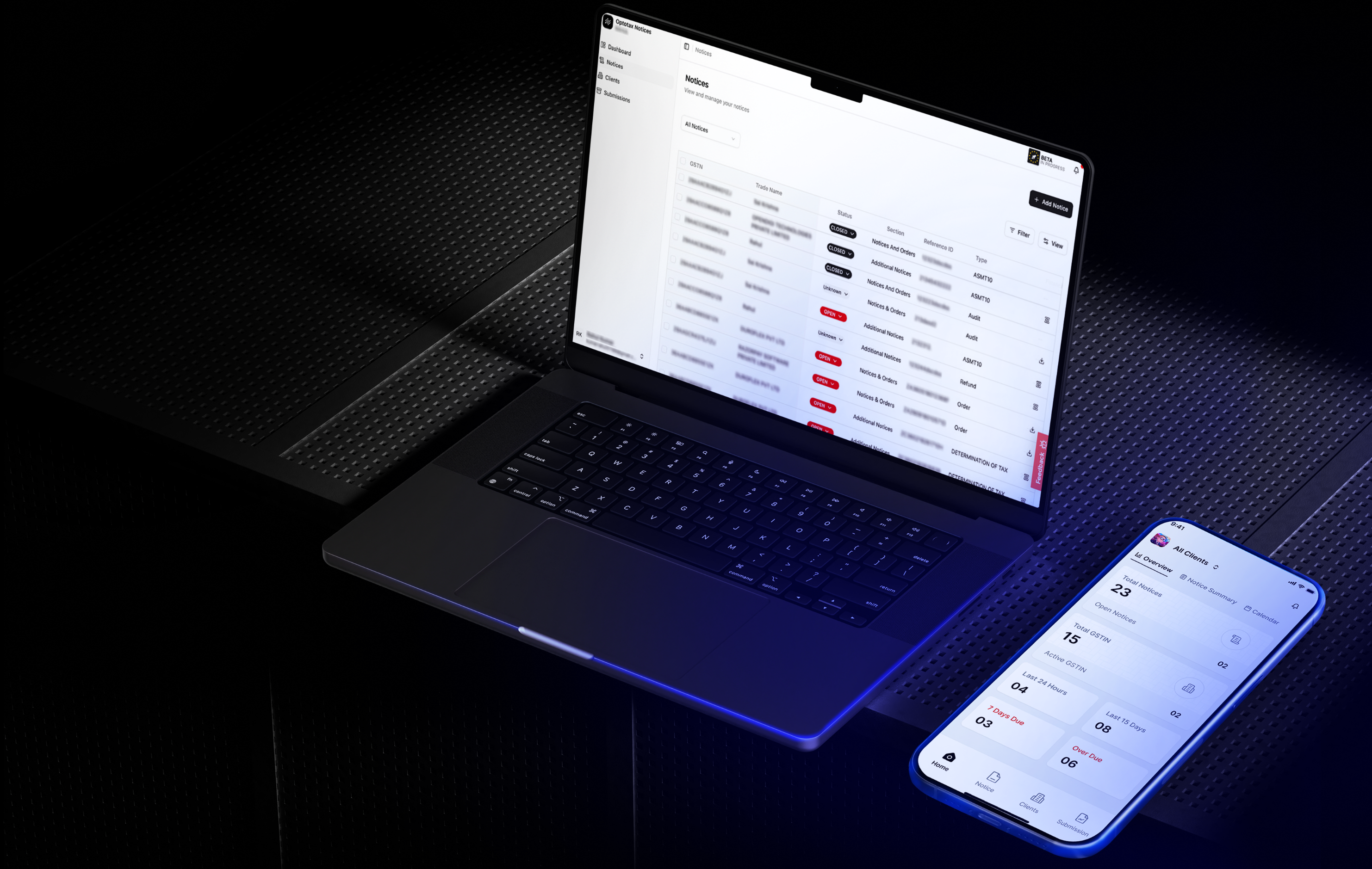 This banner image shows a laptop screen with a notice management ...